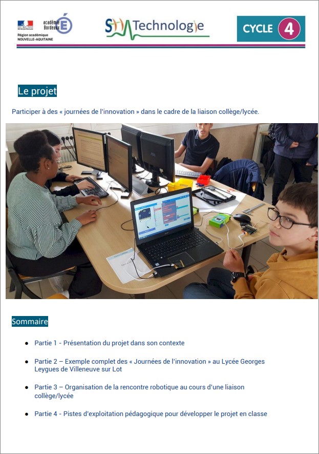 Dossier pour organiser des journées de l’innovation – Liaison collège/lycée – Technologie Collège
