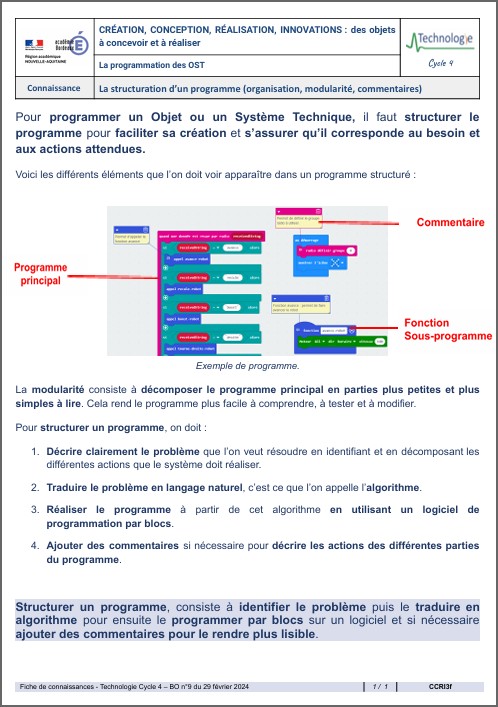 Fiches de connaissances – Technologie Collège