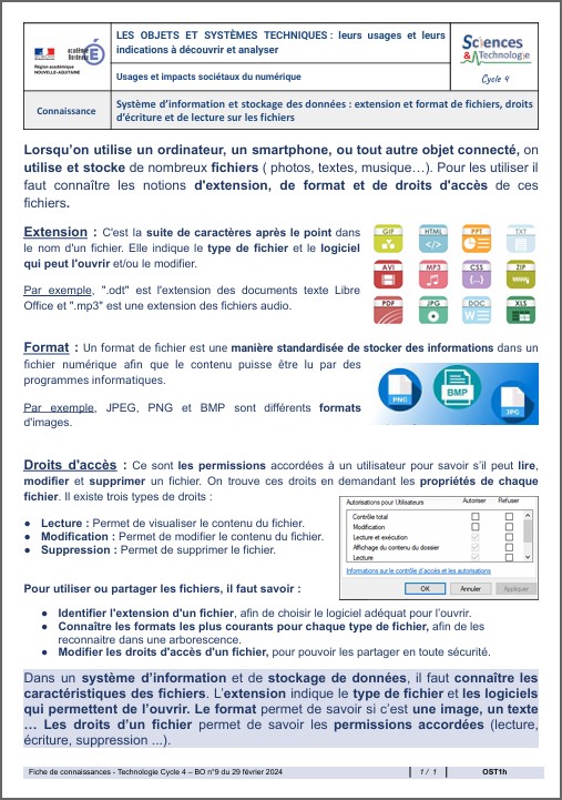 Fiches de connaissances – Technologie Collège
