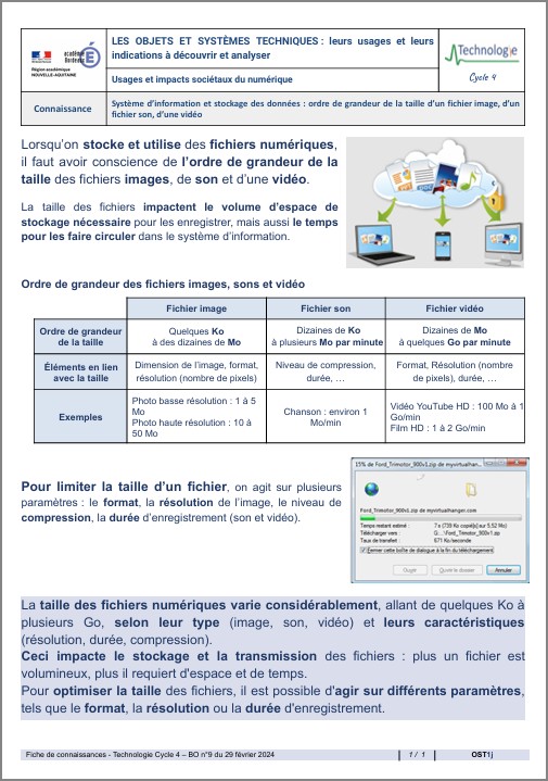 Fiches de connaissances – Technologie Collège