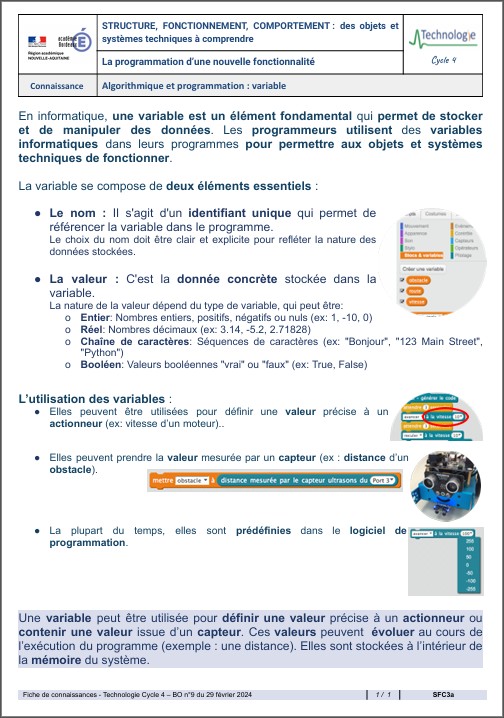 Fiches de connaissances – Technologie Collège