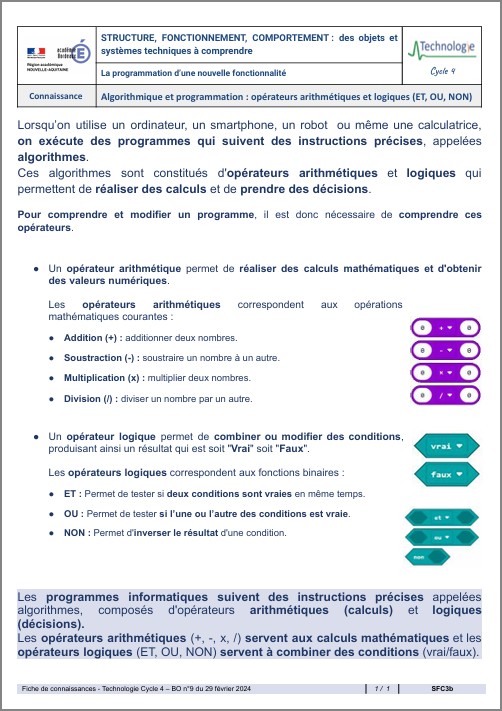 Fiches de connaissances – Technologie Collège