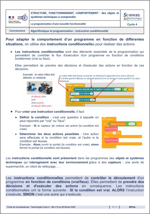 Fiches de connaissances – Technologie Collège