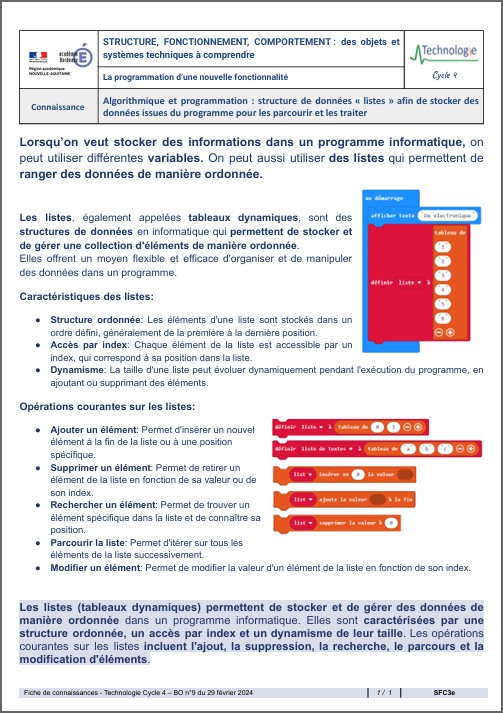Fiches de connaissances – Technologie Collège