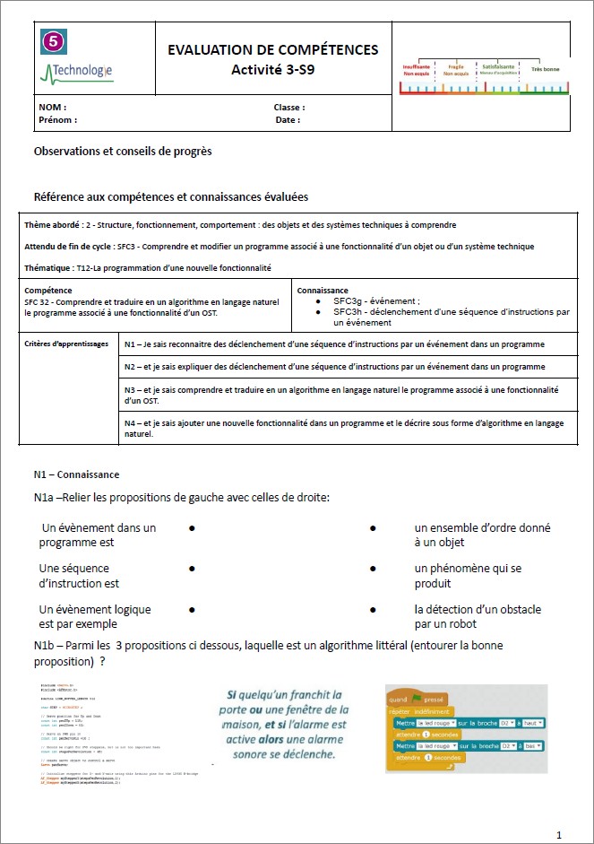 Exemples d’évaluations de compétences en 5ème – Technologie Collège